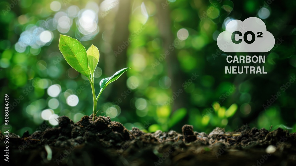 green globe with CO2 icon in green forest, carbon neutral, carbon ...