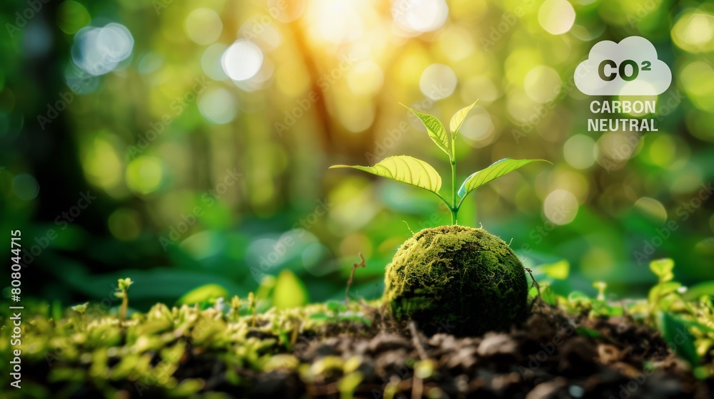 green globe with CO2 icon in green forest, carbon neutral, carbon ...