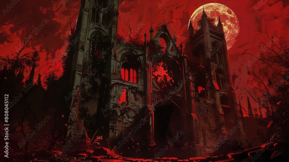 A crumbling gothic cathedral bathed in blood-red moonlight in the style ...