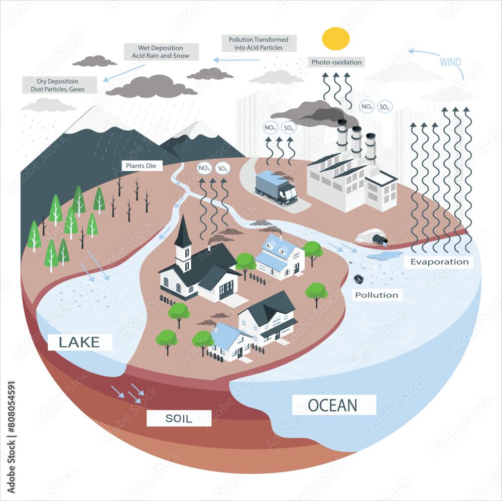 Acid rain cycle in nature ecosystem, isometric infographic scene ...