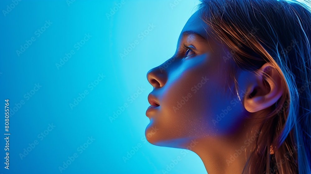 Profile side view portrait of attractive cheerful girl demonstrating ...