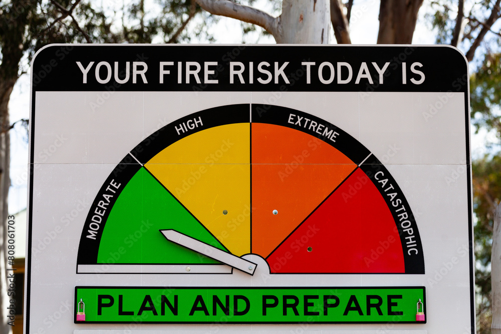 New fire danger rating sign arrow pointing at moderate plan and prepare ...