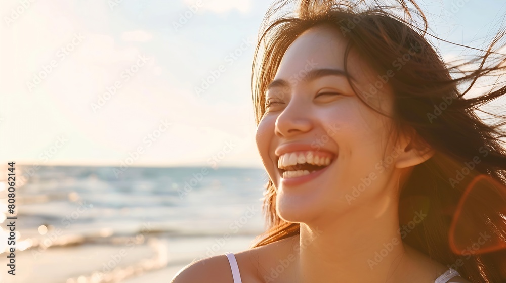 Happy beautiful young woman smiling at the beach side Delightful girl ...