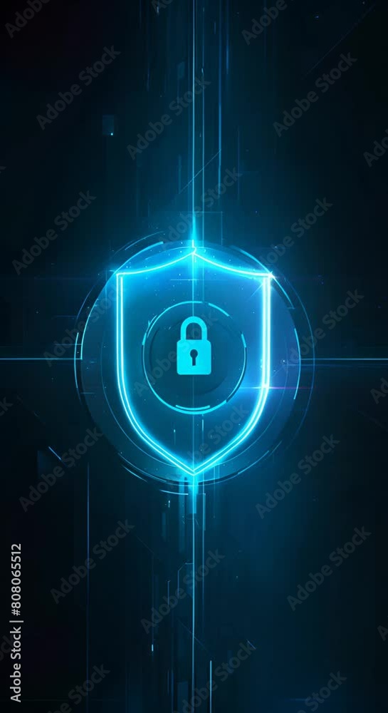 Striking abstract digital shield with a glowing lock symbol ...