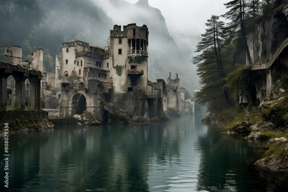 flooded, gorge lake, medieval town submerged, castle ruins submerged ...