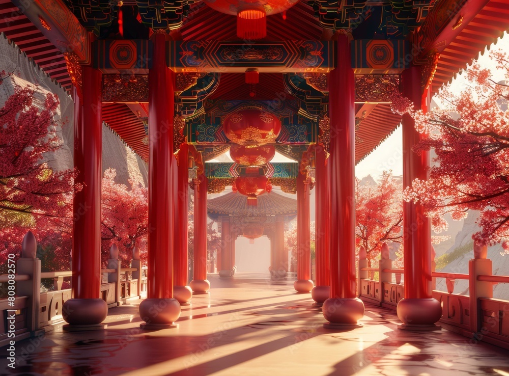 Chinese style architecture with red columns and a long walkway Stock ...