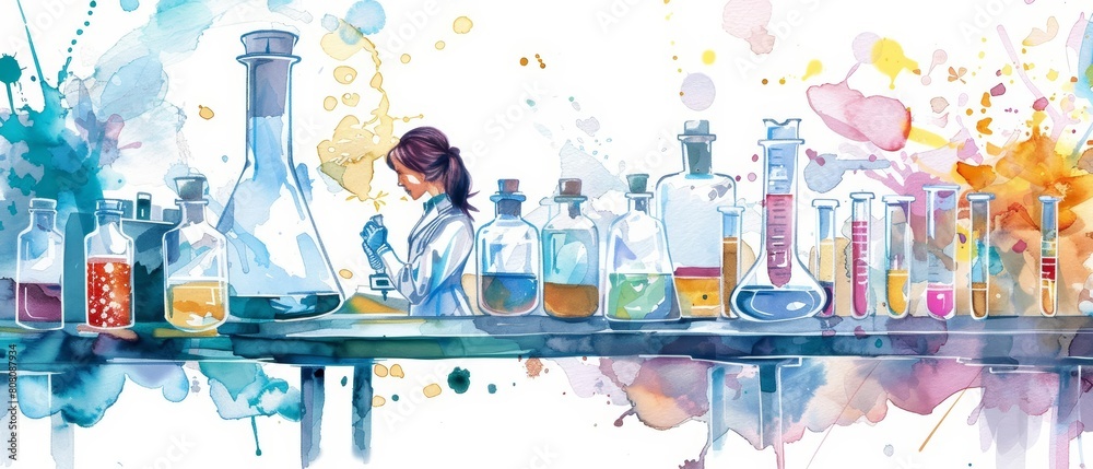 A watercolor of a laboratory scene highlighting medical research in ...