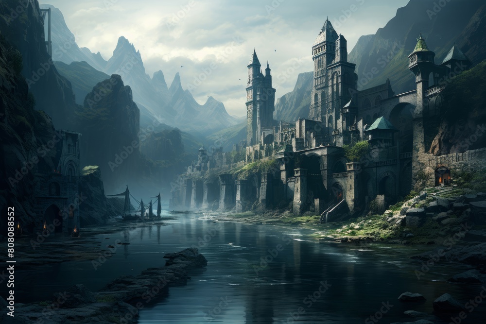 mountain gorge, flooded, gorge lake, medieval city submerged, castle ...