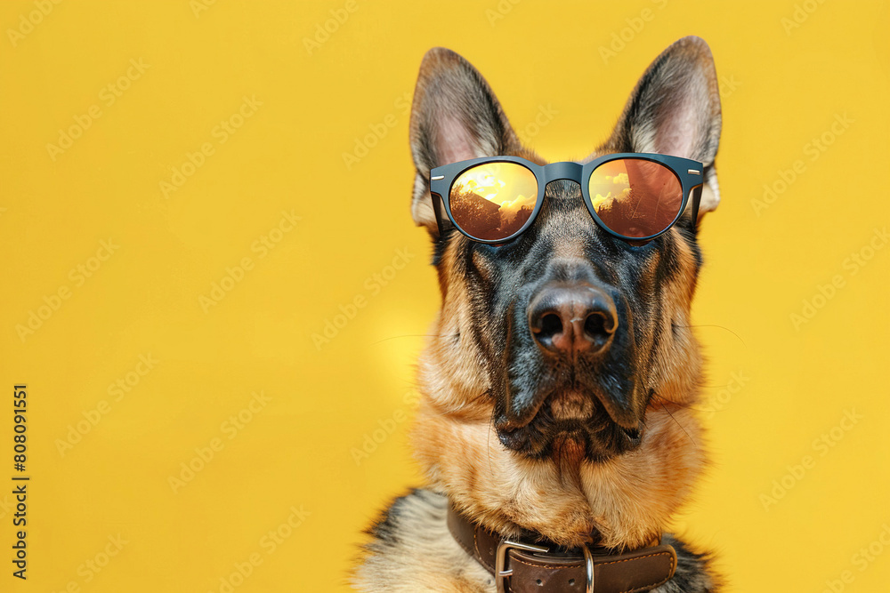 Cool German Shepherd Dog Wearing Sunglasses on Yellow background copy ...