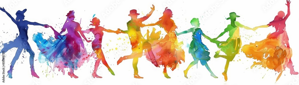 Watercolor of festival showing a lively dance performance in vintage ...