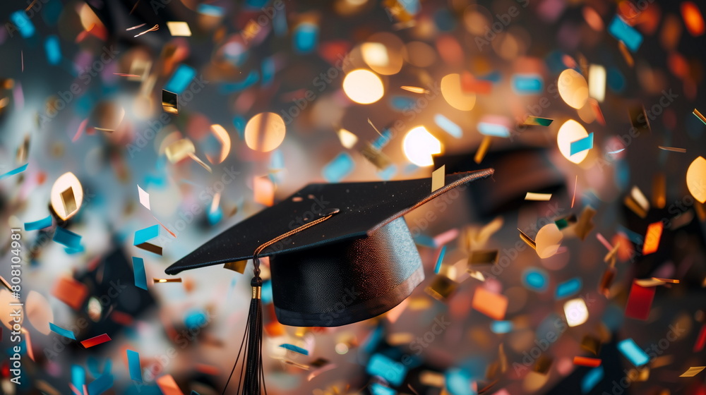 Black graduation hat on celebrating background with confetti and lights ...