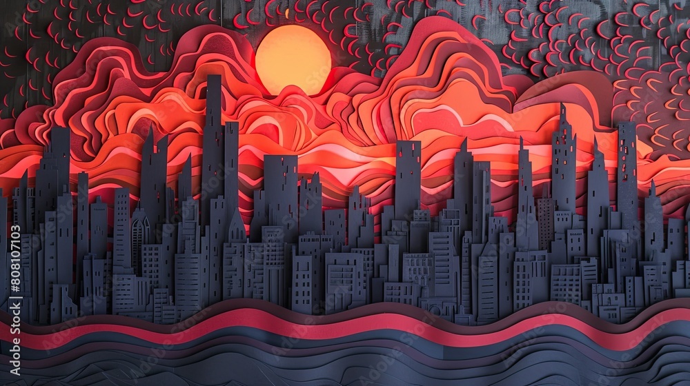 A papercut art featuring an urban heat island, with dark colors for ...