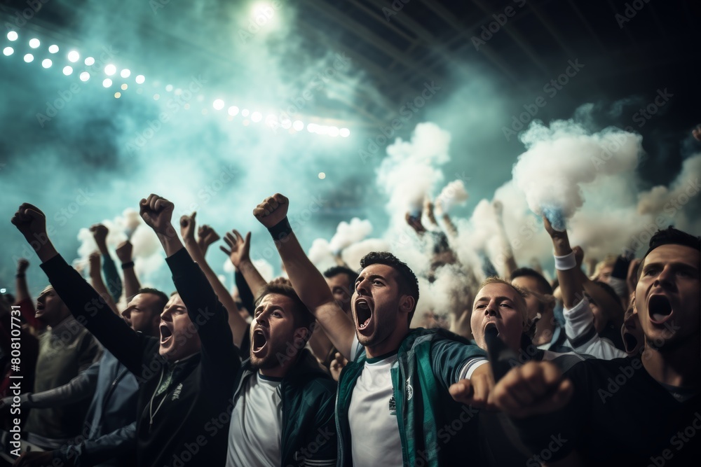 Football fans cheering with national flags in stadium, celebrating ...