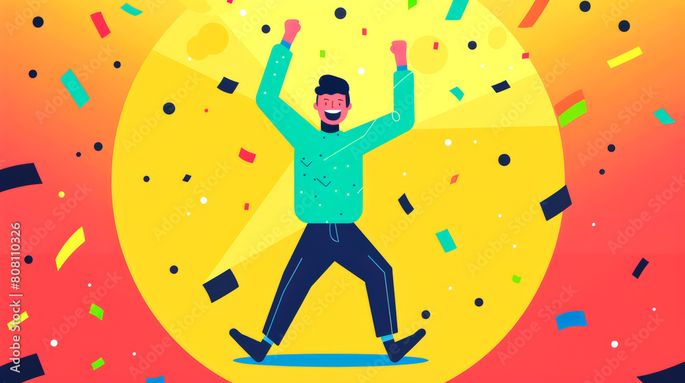 Triumphant person celebrates success with raised arms, surrounded by ...