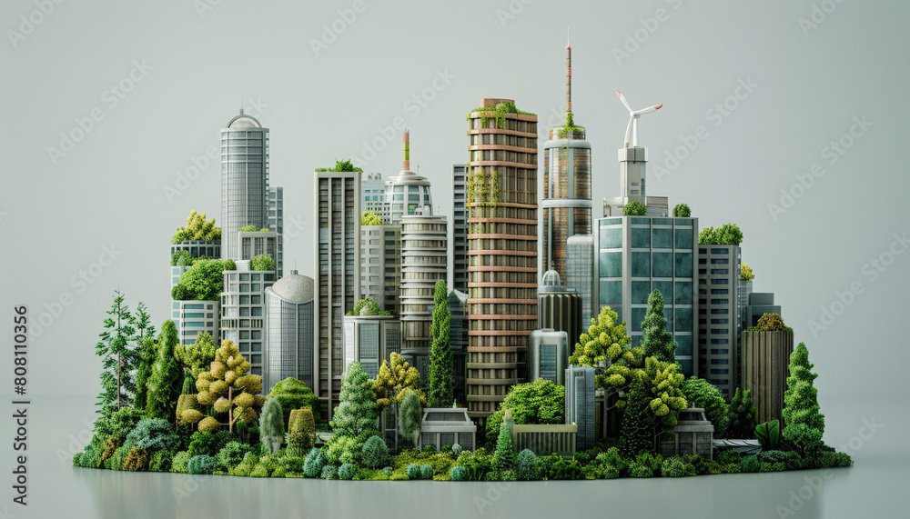 A miniature cityscape model featuring detailed skyscrapers and greenery ...