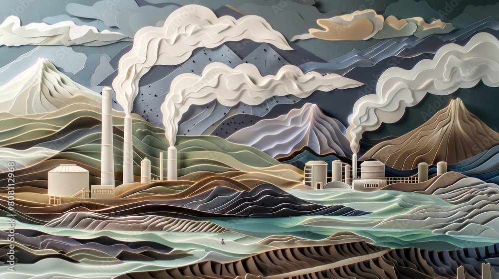 An intricate papercut of a geothermal plant set in a mountainous ...