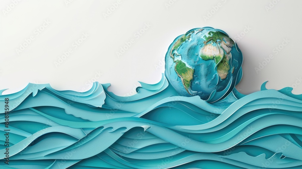 Conceptual papercut showing a world globe half submerged in water, with ...
