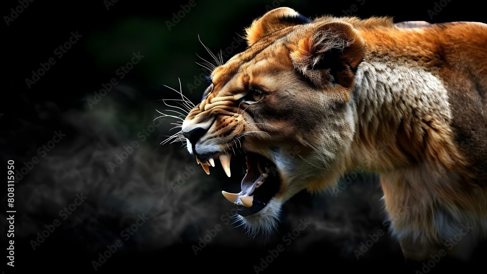 Aggressive female lion displaying teeth and advancing towards adversary ...