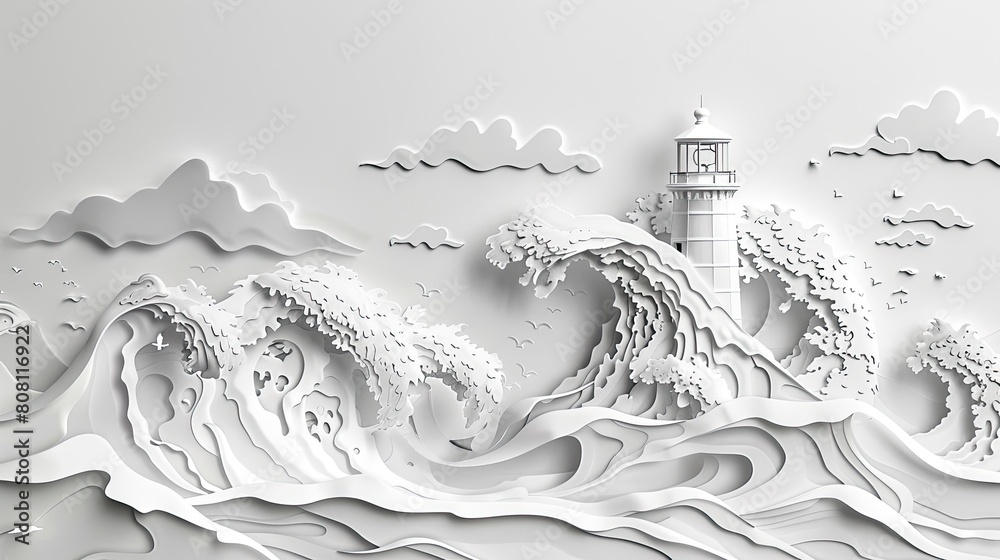 Dramatic papercut all white scene of an ocean wave crashing against a ...