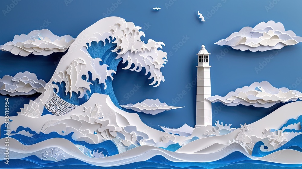 Dramatic papercut scene of an ocean wave crashing against a lighthouse ...