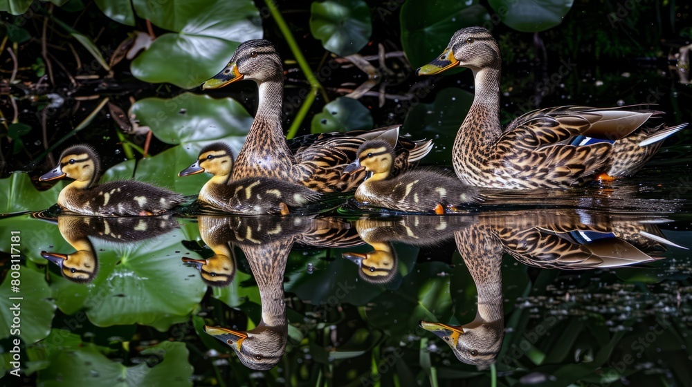 Family of ducks swimming in pond, ducklings following closely behind ...