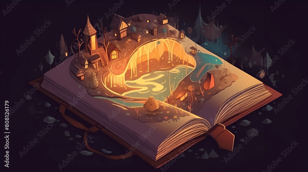 Magic Book. Book with a house. Enchanted magic story book with a ...