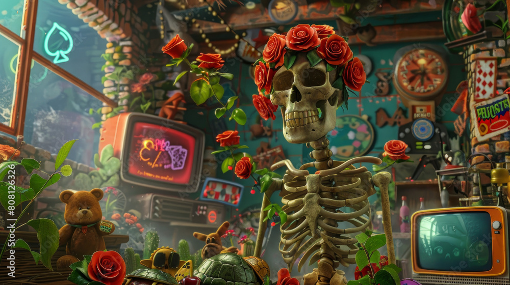 Bertha the skeleton stands tall, adorned with vibrant red roses. Teddy ...
