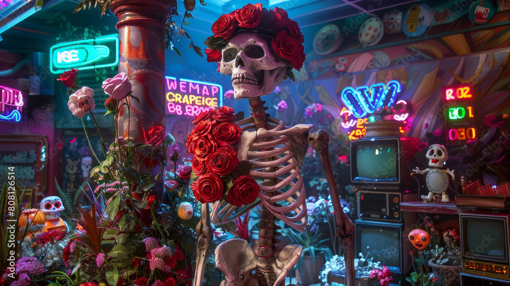 Bertha the skeleton stands tall, adorned with vibrant red roses. Teddy ...