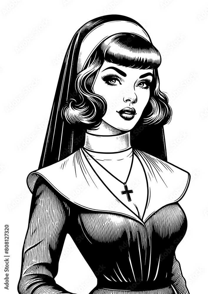 pin-up style nun with a modern twist, featuring stylish hair and a ...