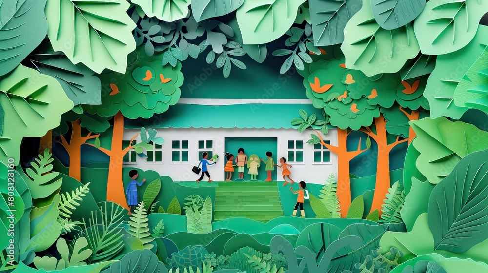 Papercut art of a school where children are taught to recycle and care ...