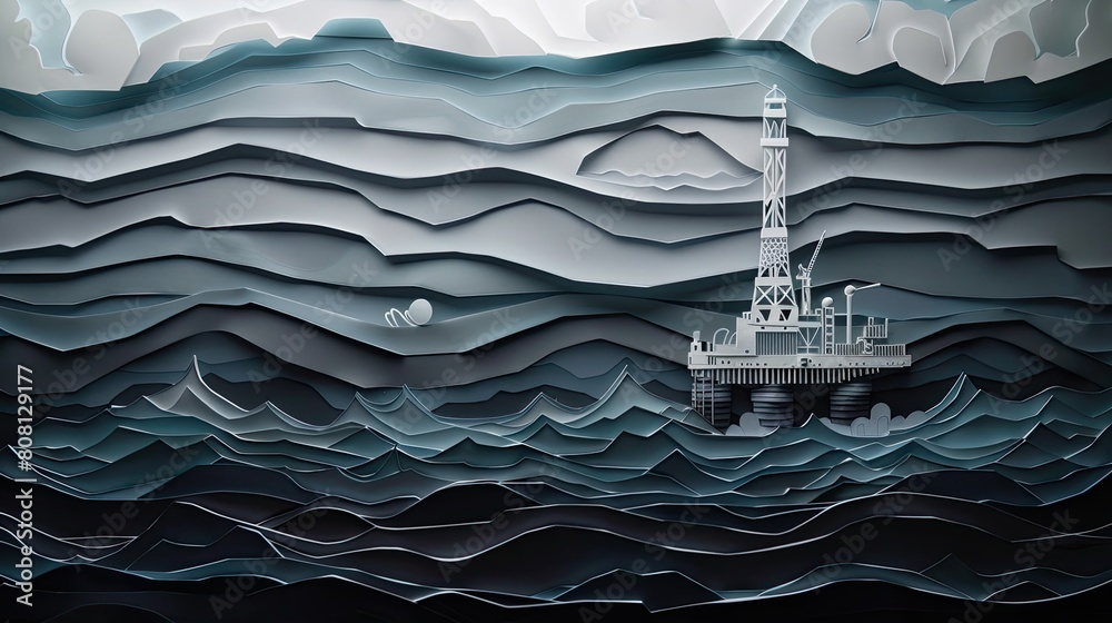 Papercut art of an oil drilling rig at sea, with dark paper waves and a ...