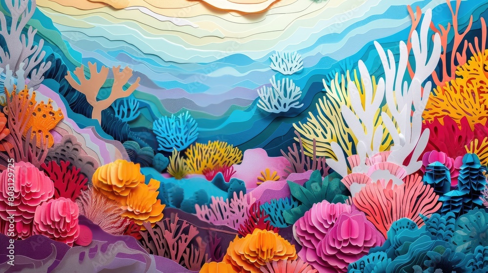Papercut art of coral reefs, with vibrant colored paper turning white ...