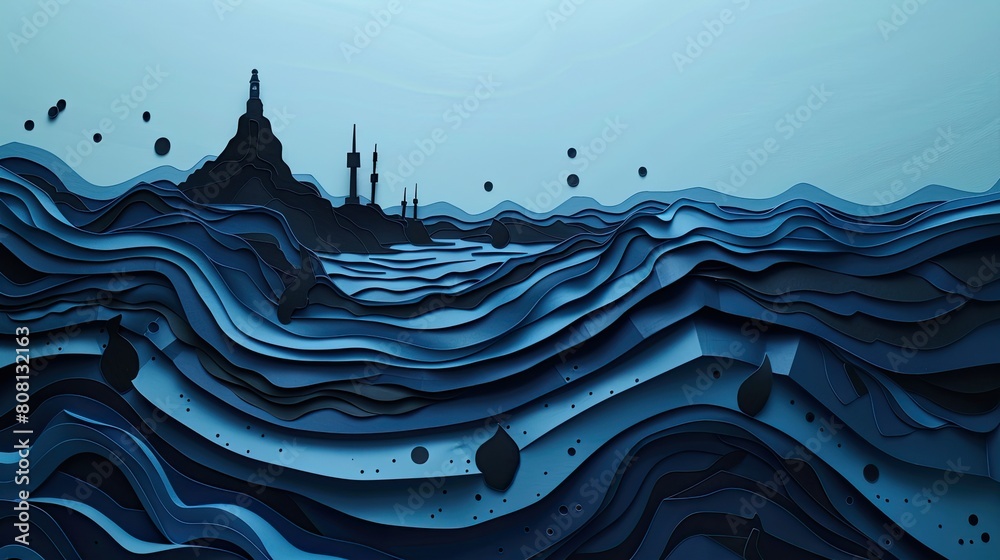 Papercut illustration of a landscape marred by oil spills, with black ...