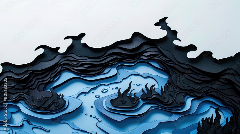 Papercut illustration of a landscape marred by oil spills, with black ...