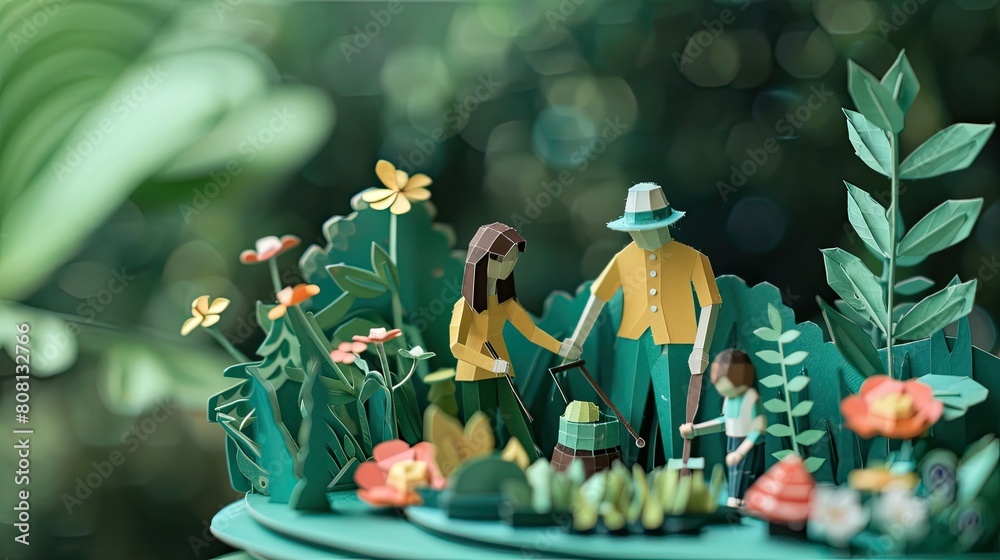 Papercut of a family gardening together, with paper plants and tools ...