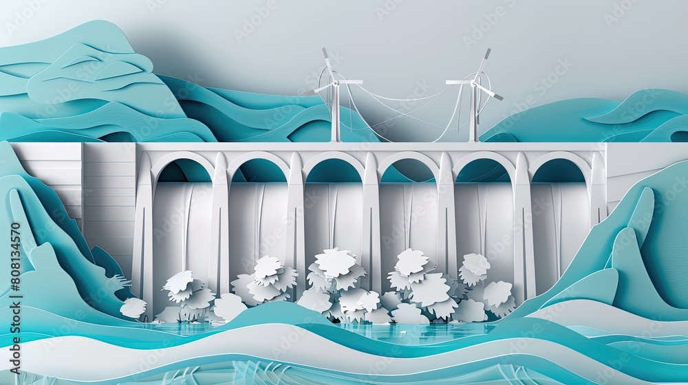Papercut scene of a hydropower dam with flowing paper water ...