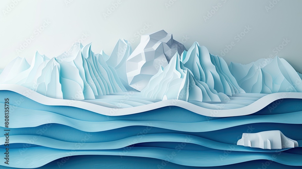 Papercut visualization of a melting glacier pouring into the sea, with ...