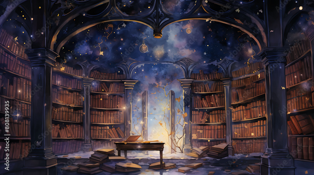 Paint a watercolor background of an ancient library filled with magical ...