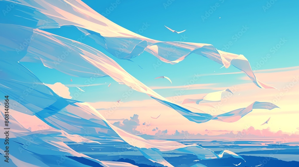 Layers of translucent fabric billowing in the wind, creating a sense of ...