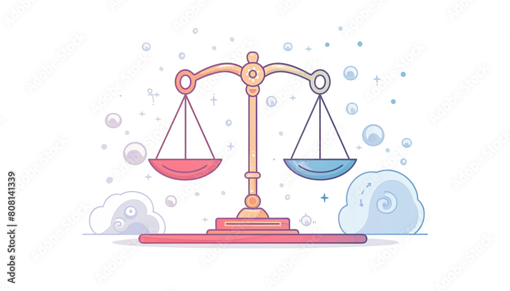 The image shows a balance scale with two pans. The left pan is red and ...