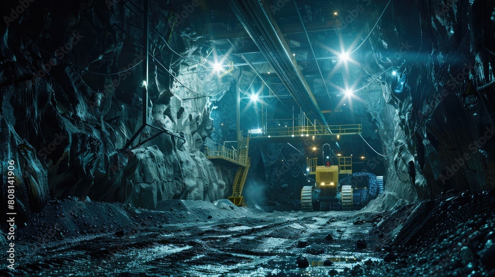 Night shift at a gold mine, with lights illuminating the industrial ...