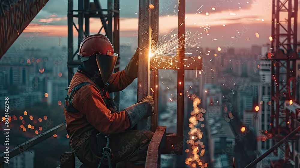 Structural welder at dusk, welding critical connections on a new sports ...