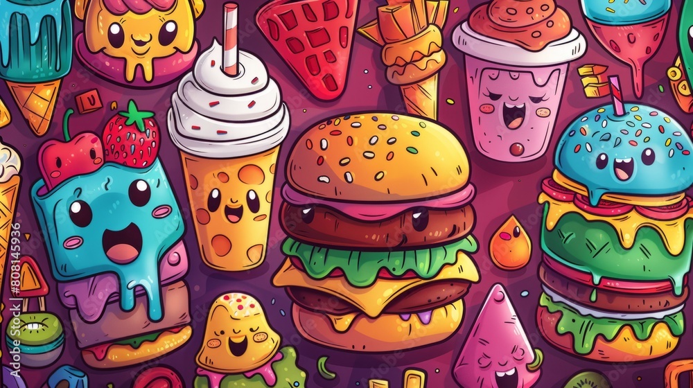 food character illustrations, colorful cartoon figures of popular food ...