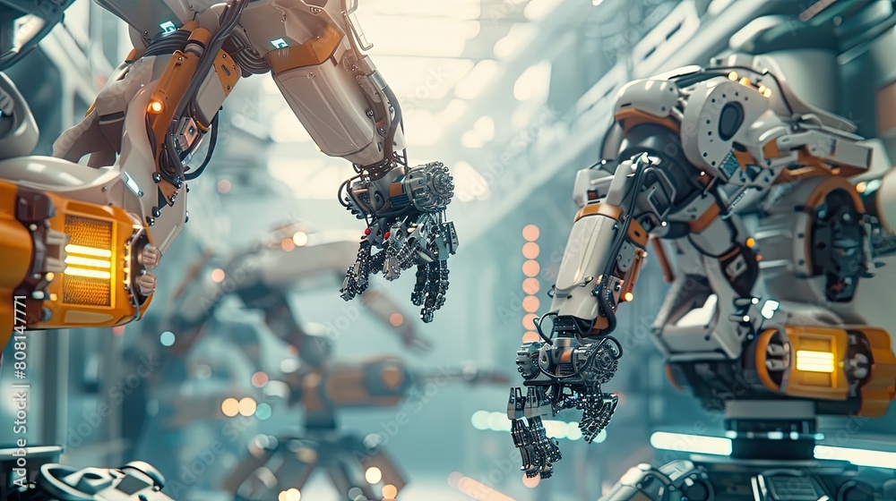 Large industrial robots lifting heavy machinery parts, showcasing ...