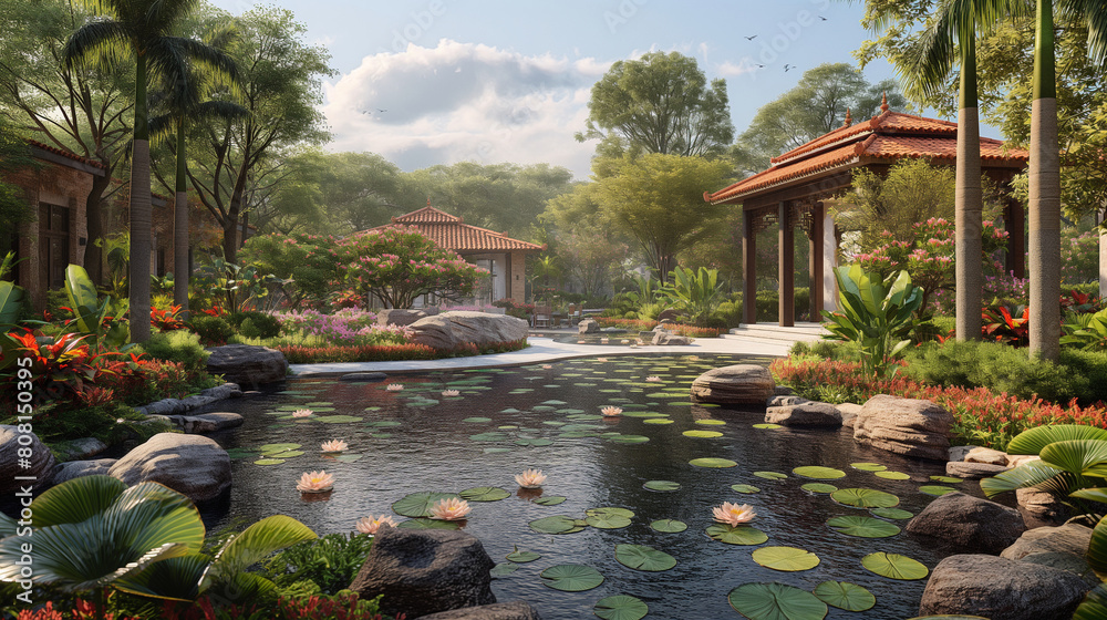 An artistic representation of a flower fair in a botanical garden, with ...