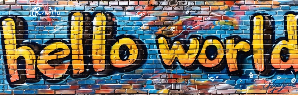 graffiti saying "hello world" colorful a brick wall with spray paint ...