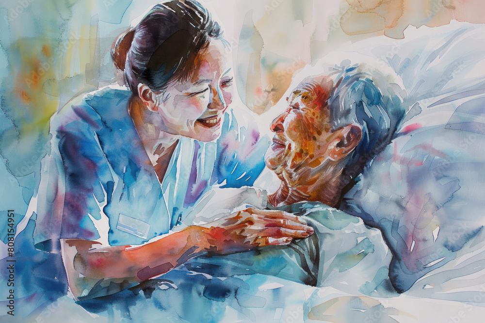 Watercolor Painting: Nurse Comforting Patient, International Nurses Day, hospital care ...