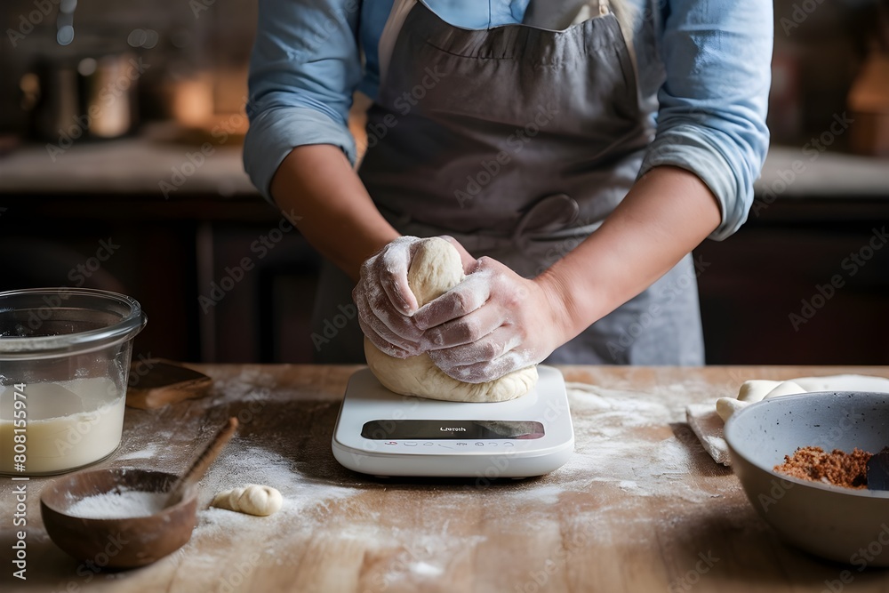 baker kneading dough in a rustic kitchen, using a smart device for ...