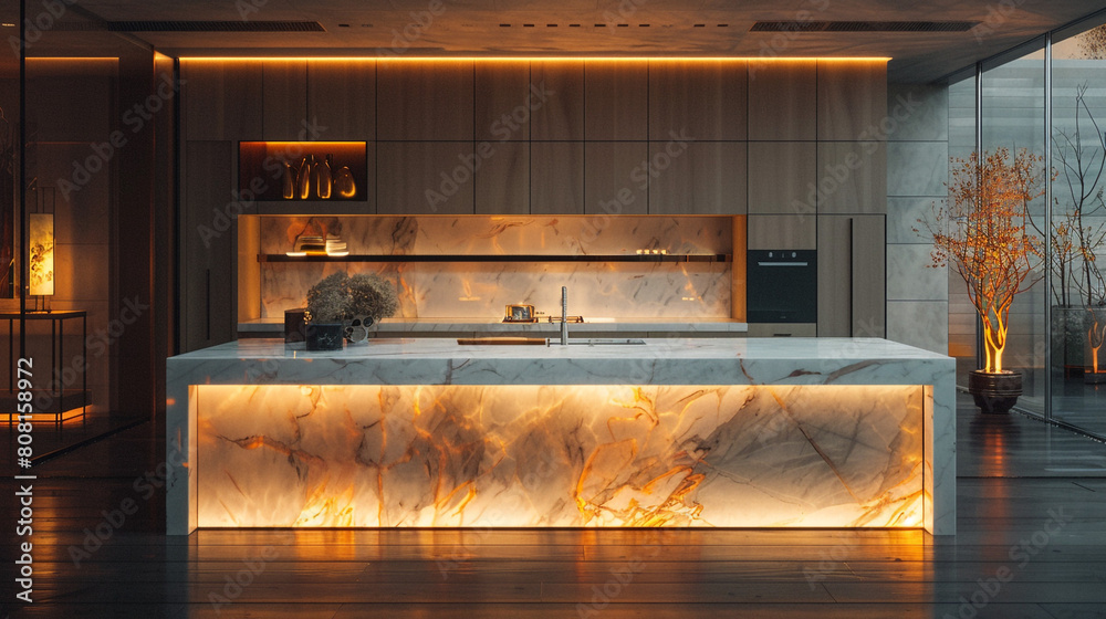 Illuminated marble island, hub of culinary creativity, fueled by ...