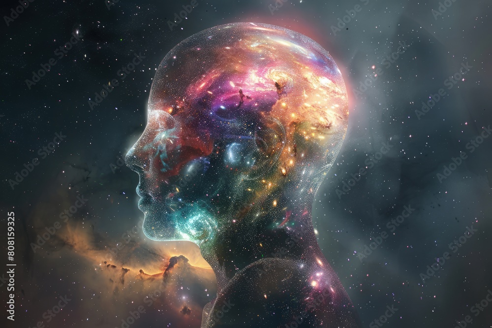 Head and shoulders of a humanoid figure made of galaxies, stars ...